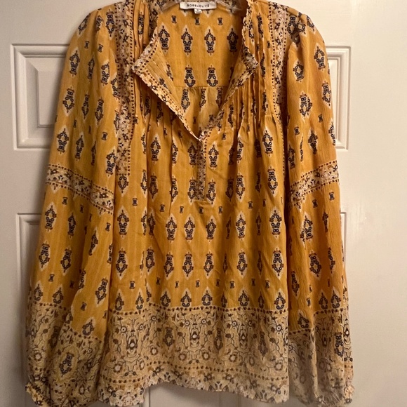 Rose & Olive | Tops | Silky Mustard Print Blouse | Poshmark